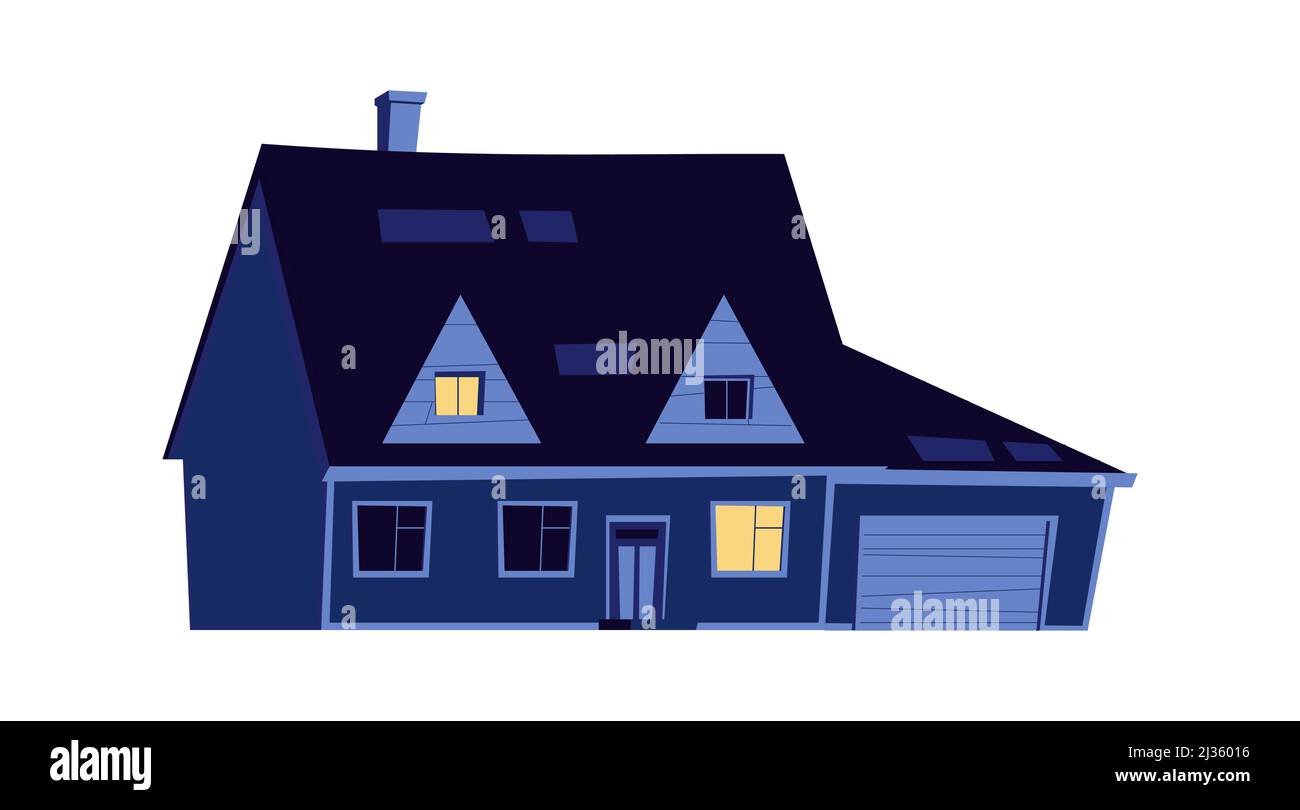 House at night, building with glowing windows in the dark, cartoon ...