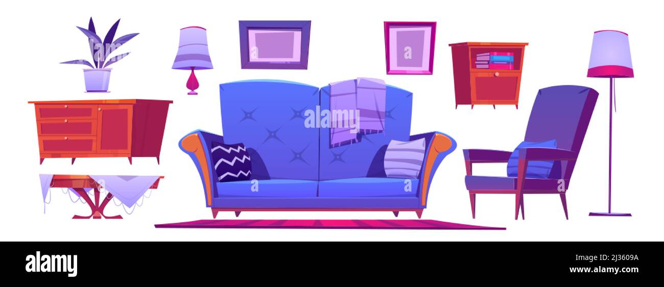 Living room interior set with blue sofa, armchair, coffee table and ...