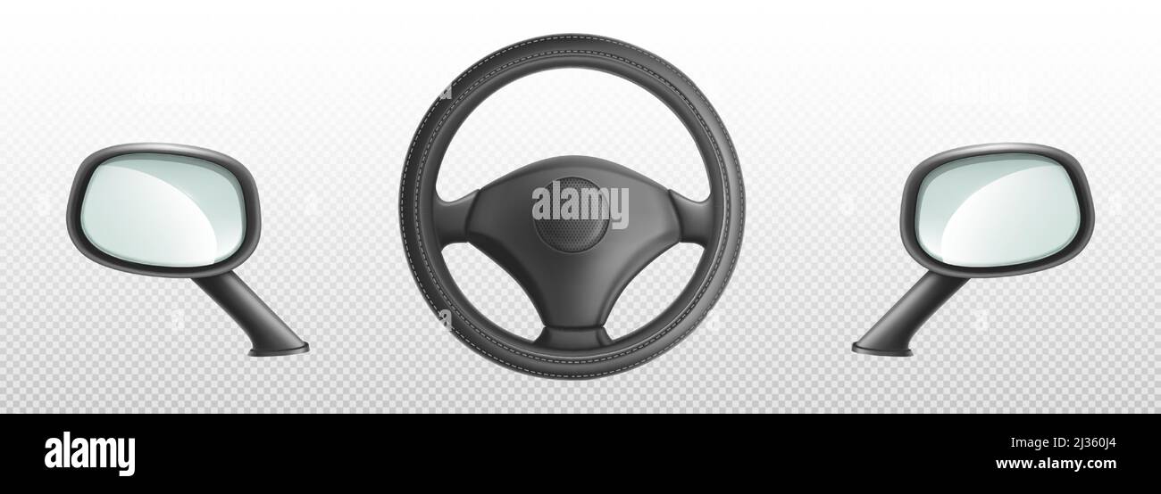 Car steering wheel and side rear view mirrors, helm and glasses ...