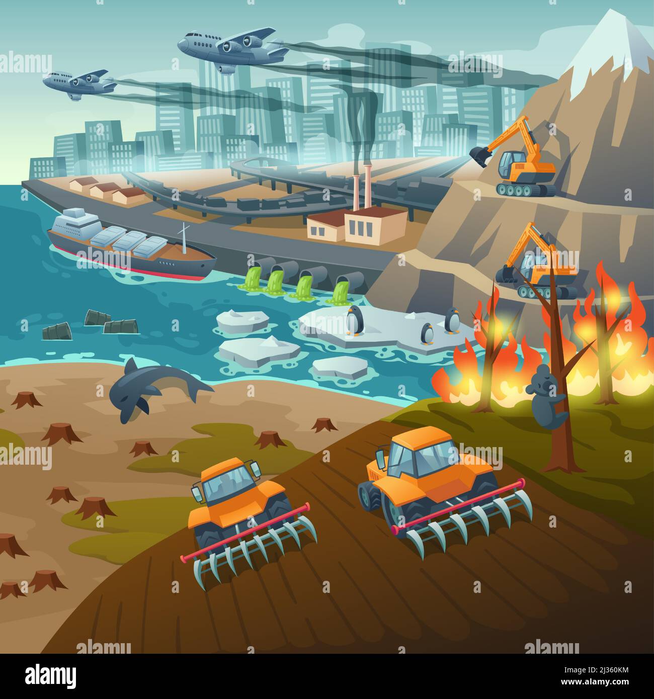 Ecology problems concept, water and air pollution, bushfire and global ...