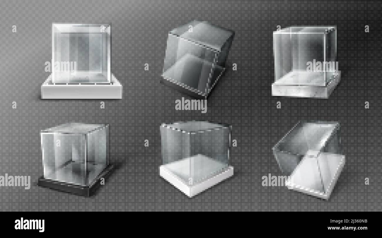 Glass cube boxes on black, white and marble stand. Empty clear square ...