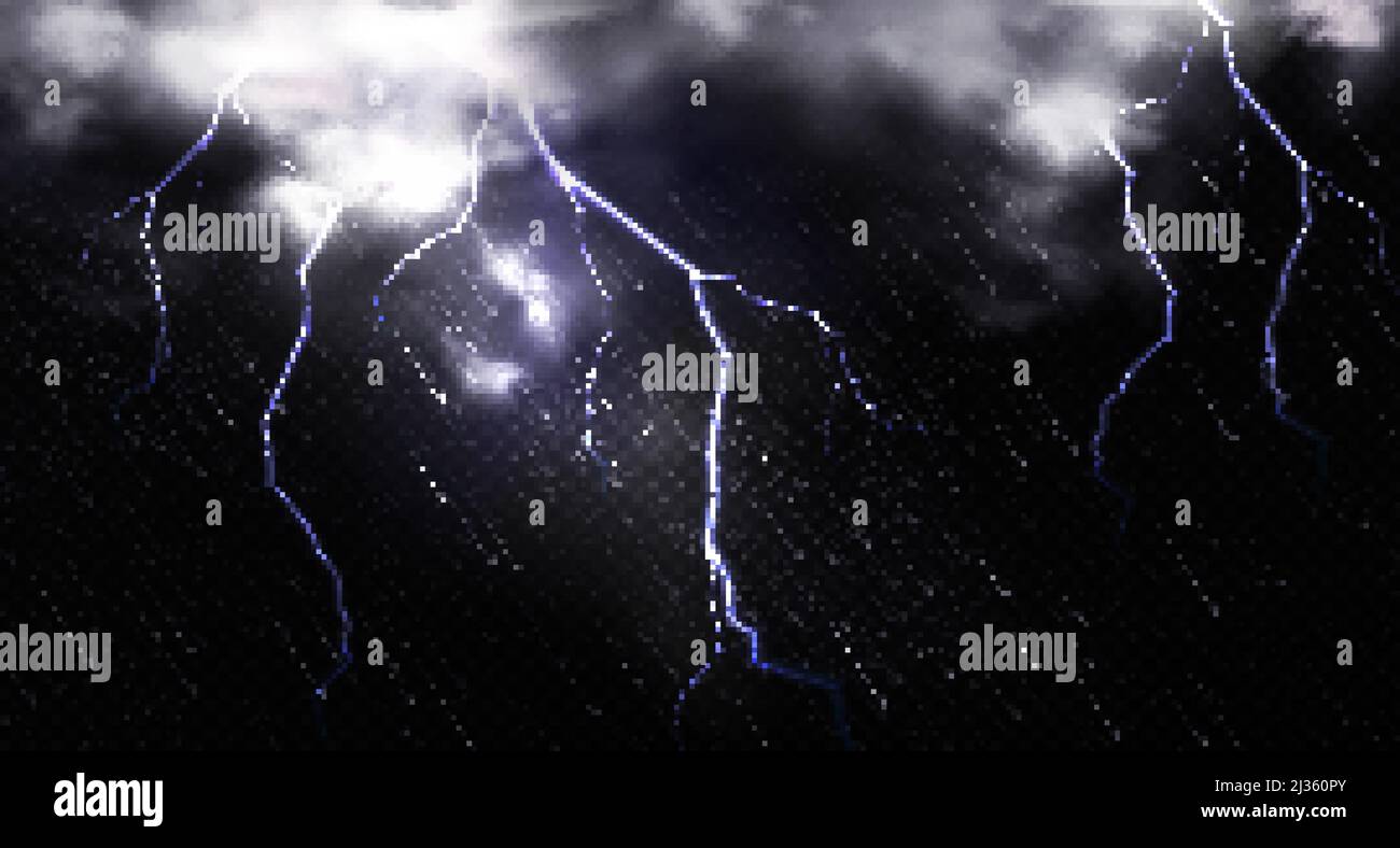 Rain with lightning and clouds in sky at night. Vector realistic ...