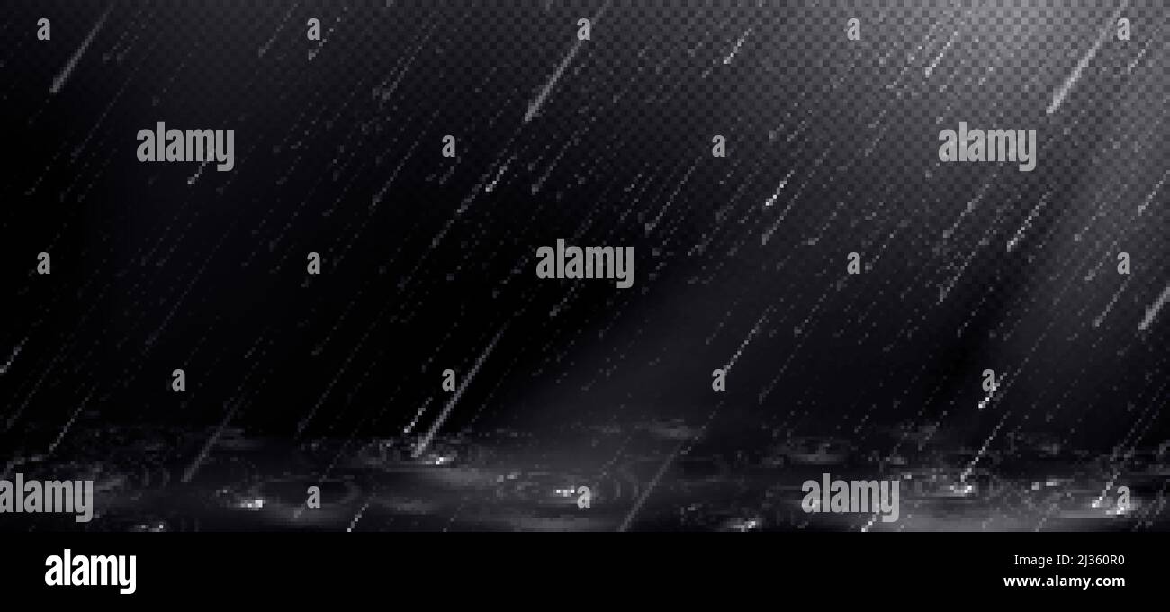 Rain, falling water drops and puddle ripples on transparent background ...