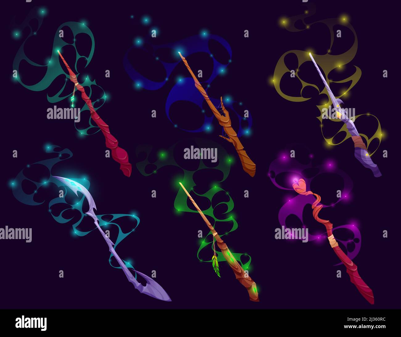 Magic wands, wizard or witch sticks with glowing colorful haze and ...