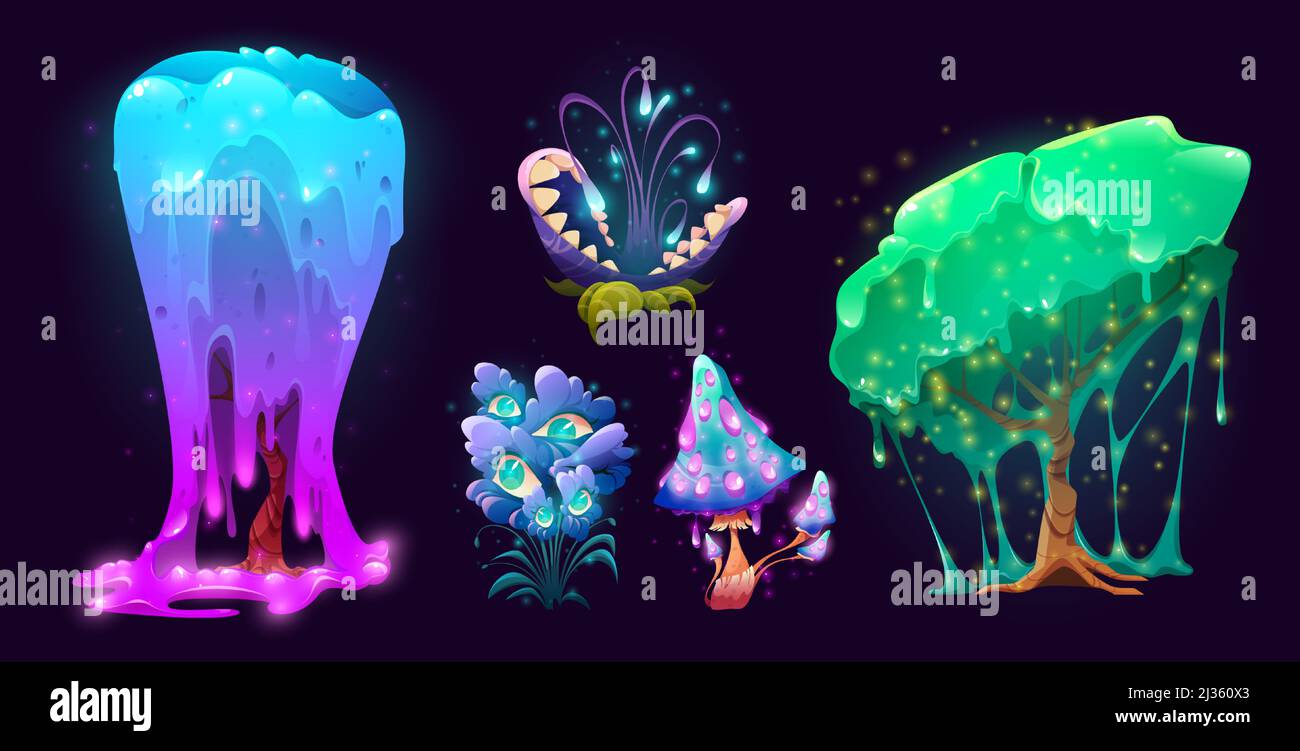 Fantasy creepy plants, trees with dripping slime, mushroom, flower ...