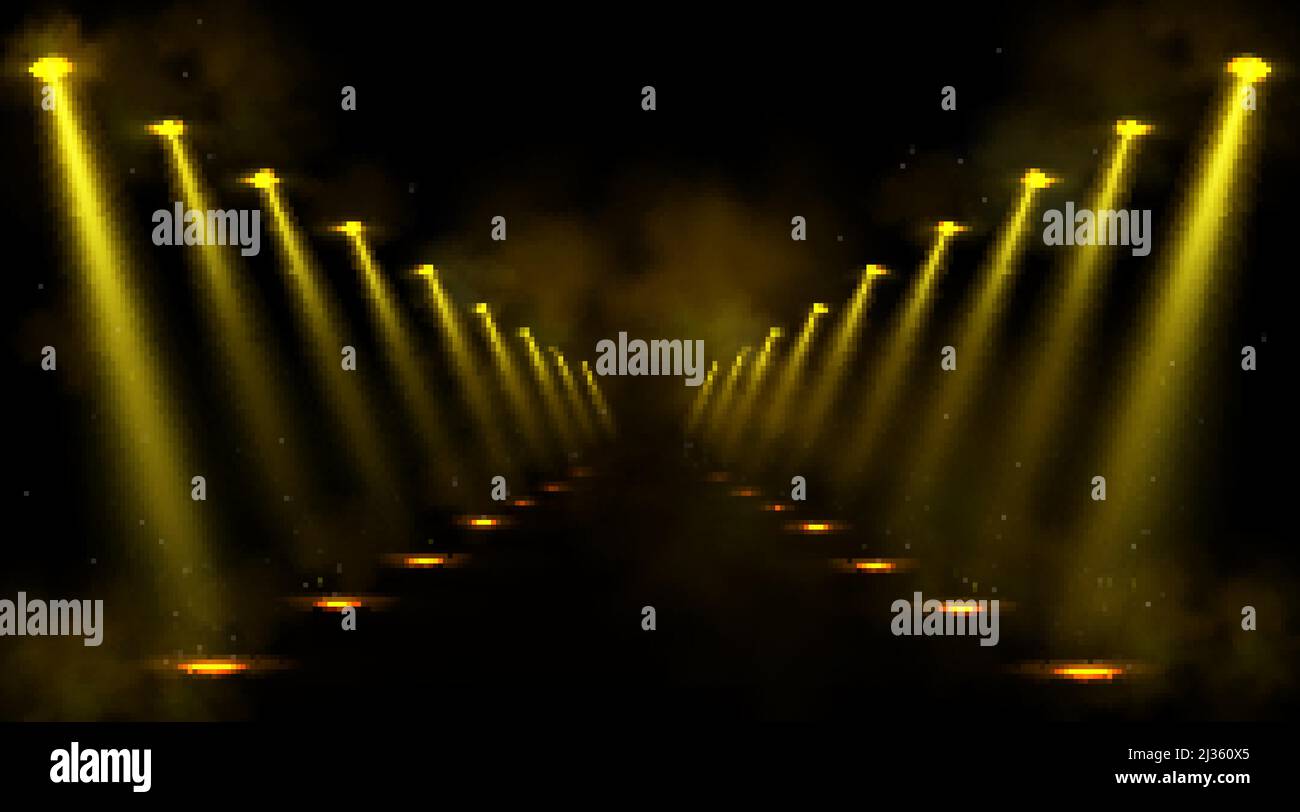 Corridor illuminated by spotlights. Empty road or gallery with yellow ...