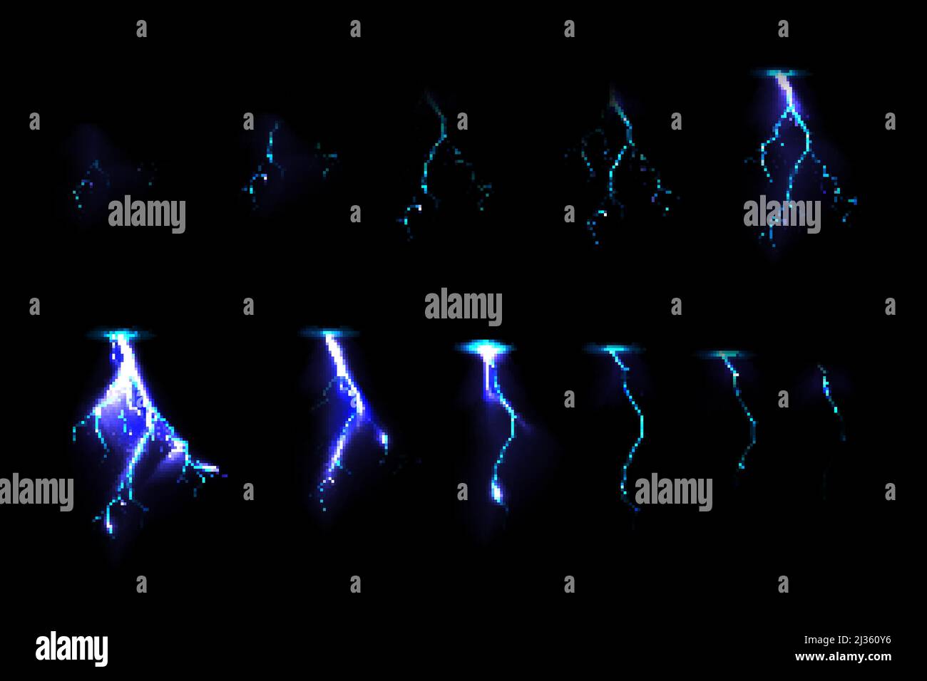 Sprite sheet with lightnings, thunderbolt strikes set for game fx animation. Vector realistic ...