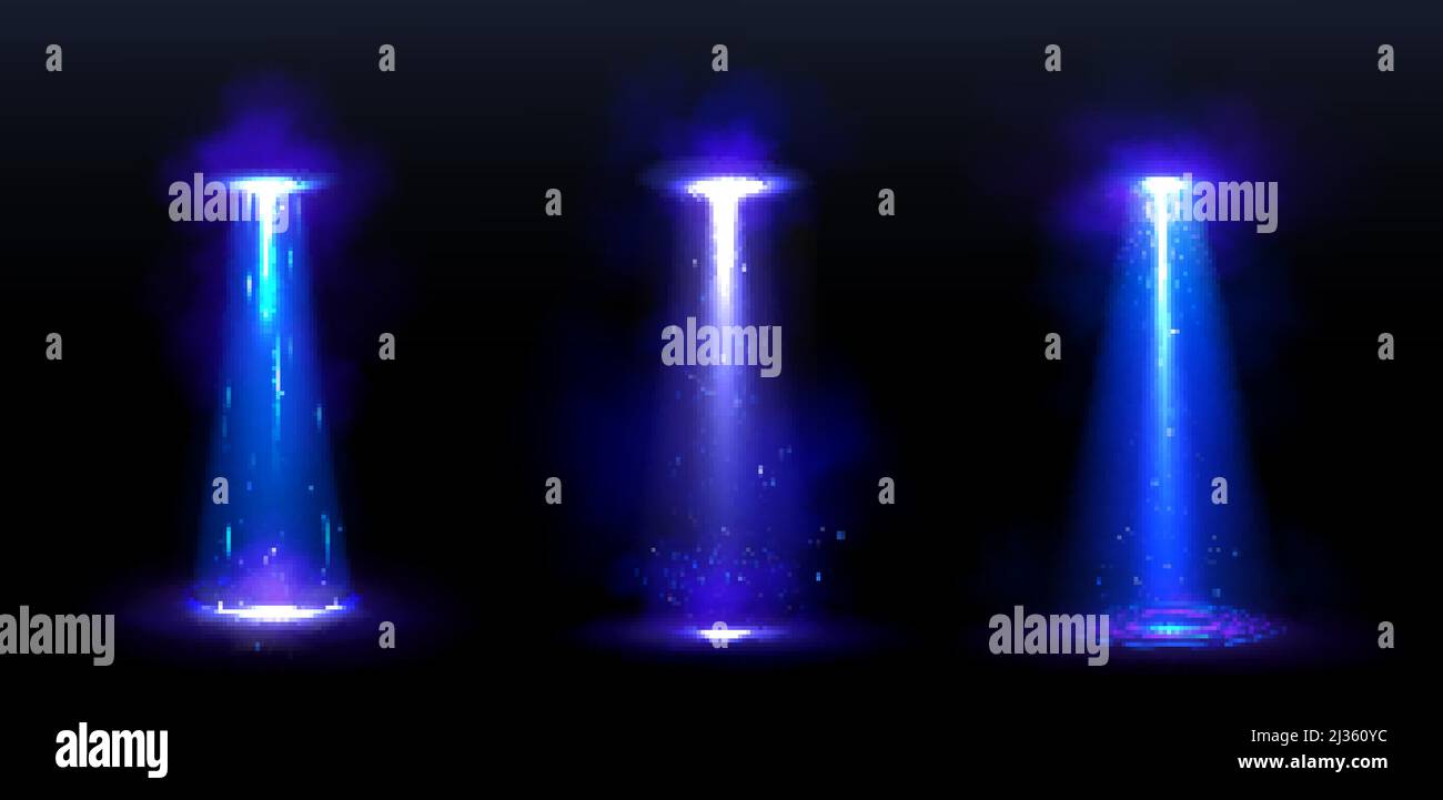 Ufo light beams, glowing rays from alien spaceships at night. Vector ...