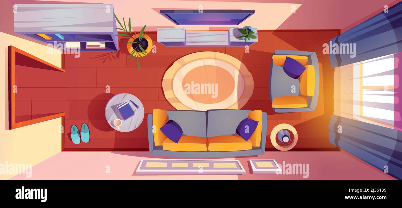 Living room interior top view. Apartment with sofa, tv, armchair and ...