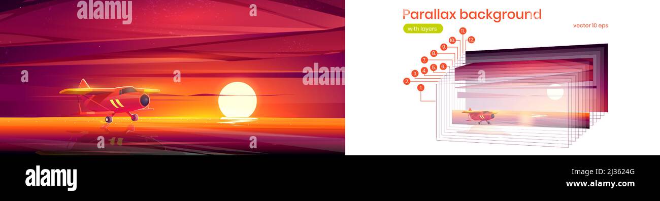 Red plane fly over sea at sunset. Vector parallax background ready for ...