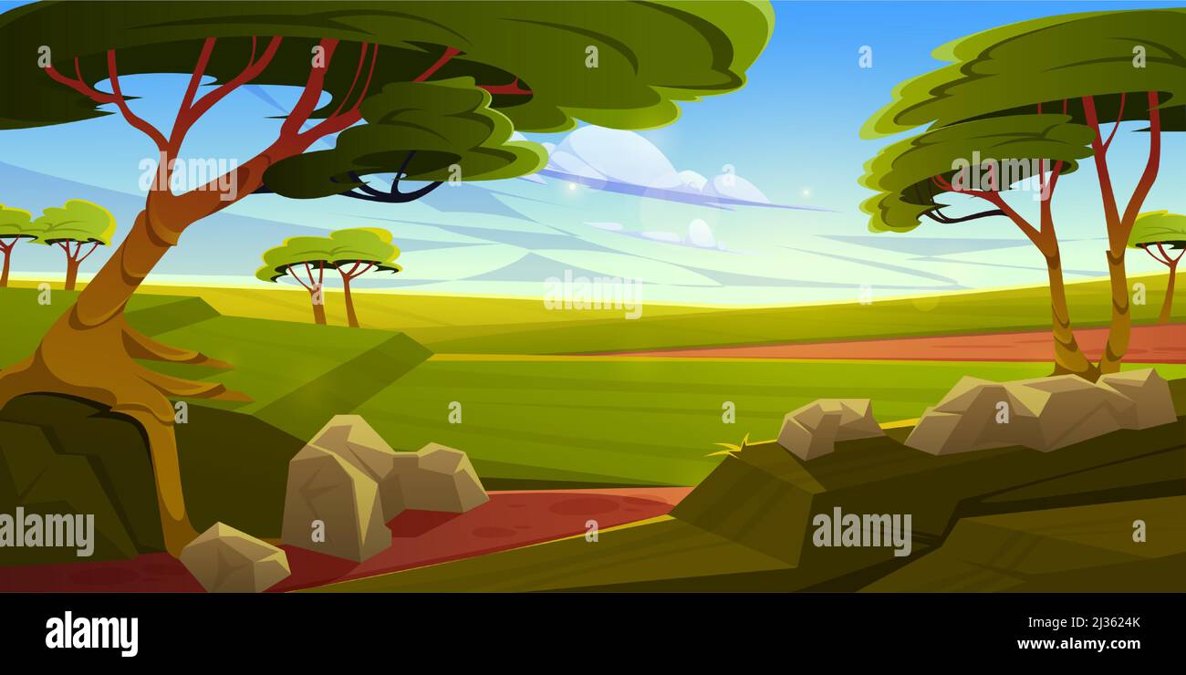 African savannah landscape, wild nature of Africa, cartoon background ...