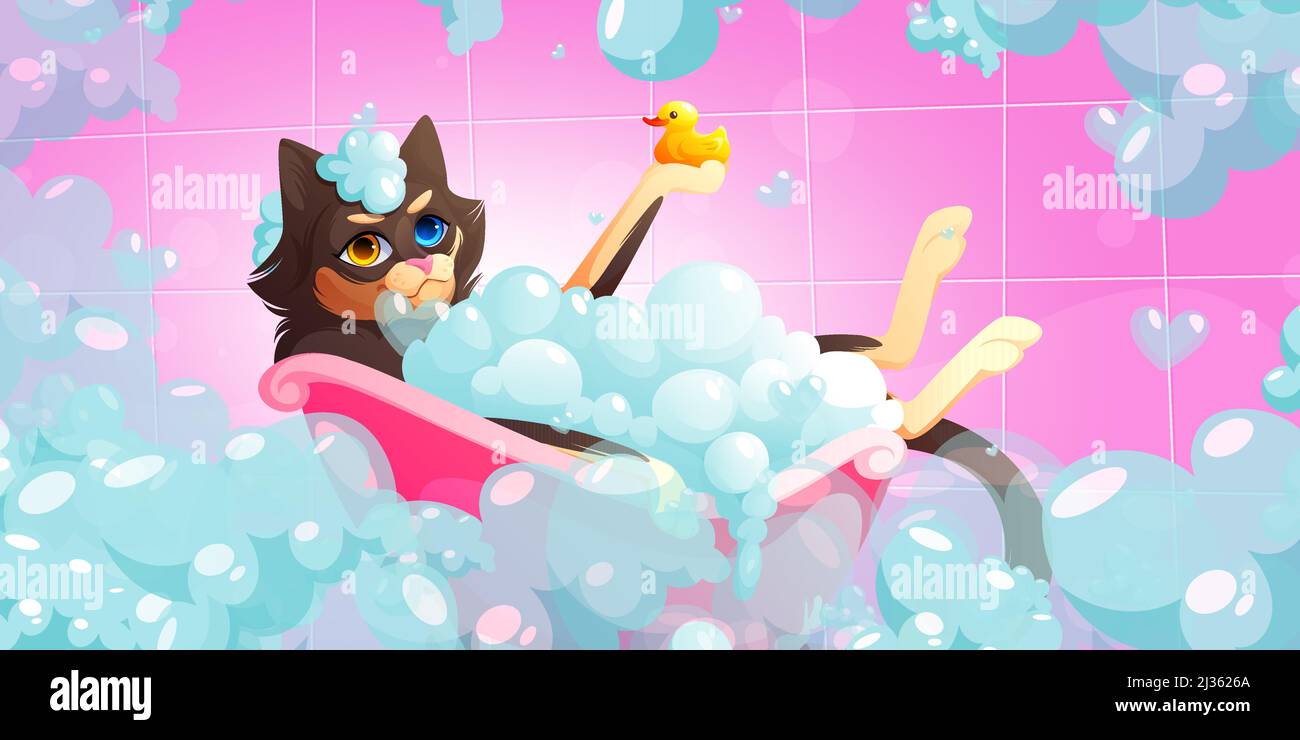 Cat wash in bathtub in pet grooming salon. Vector cartoon illustration ...