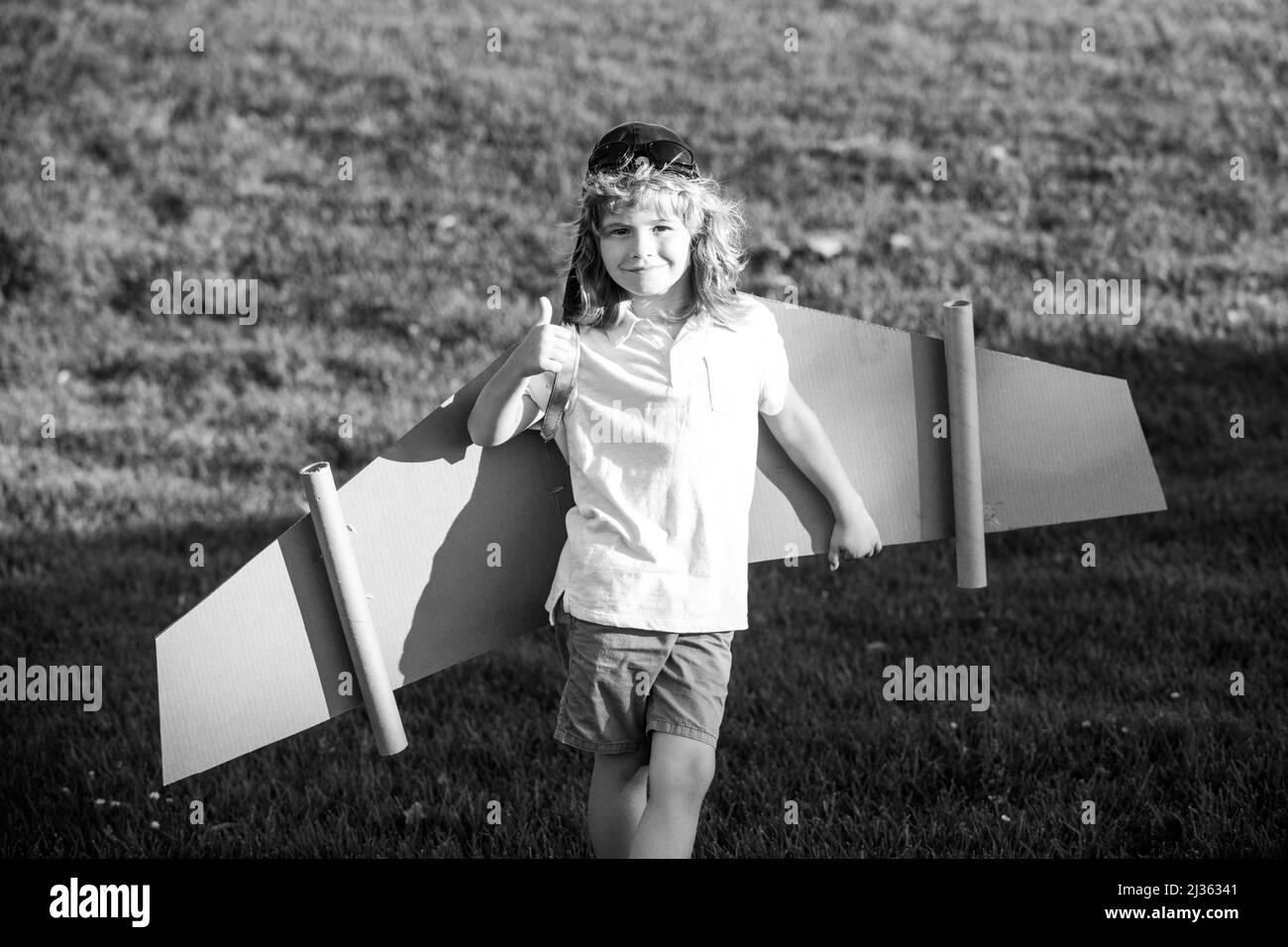 Kid boy playing with cardboard wings. Child in summer field with thumbs ...