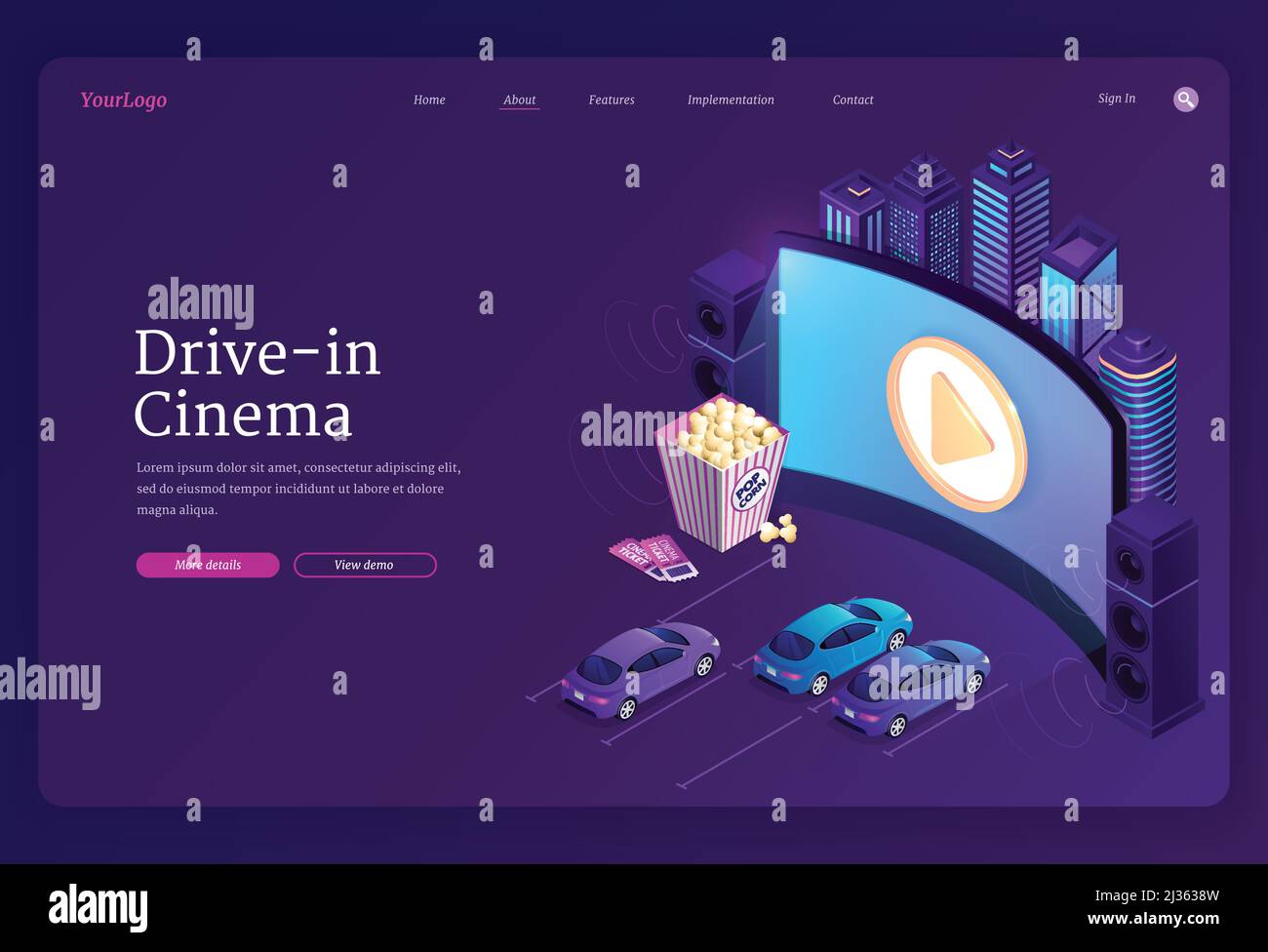 Drive-in cinema banner. Outdoor movie theater with cars on open air ...