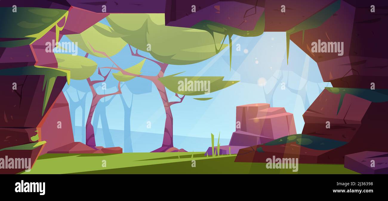 Jungle cave entrance, hole in rock with green trees, grass, moss and ...