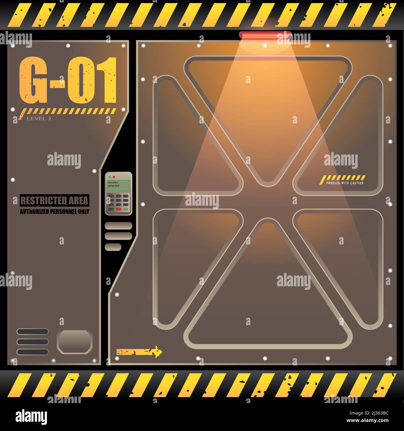 Futuristic industrial door or gate for design element, backdrop, poster ...