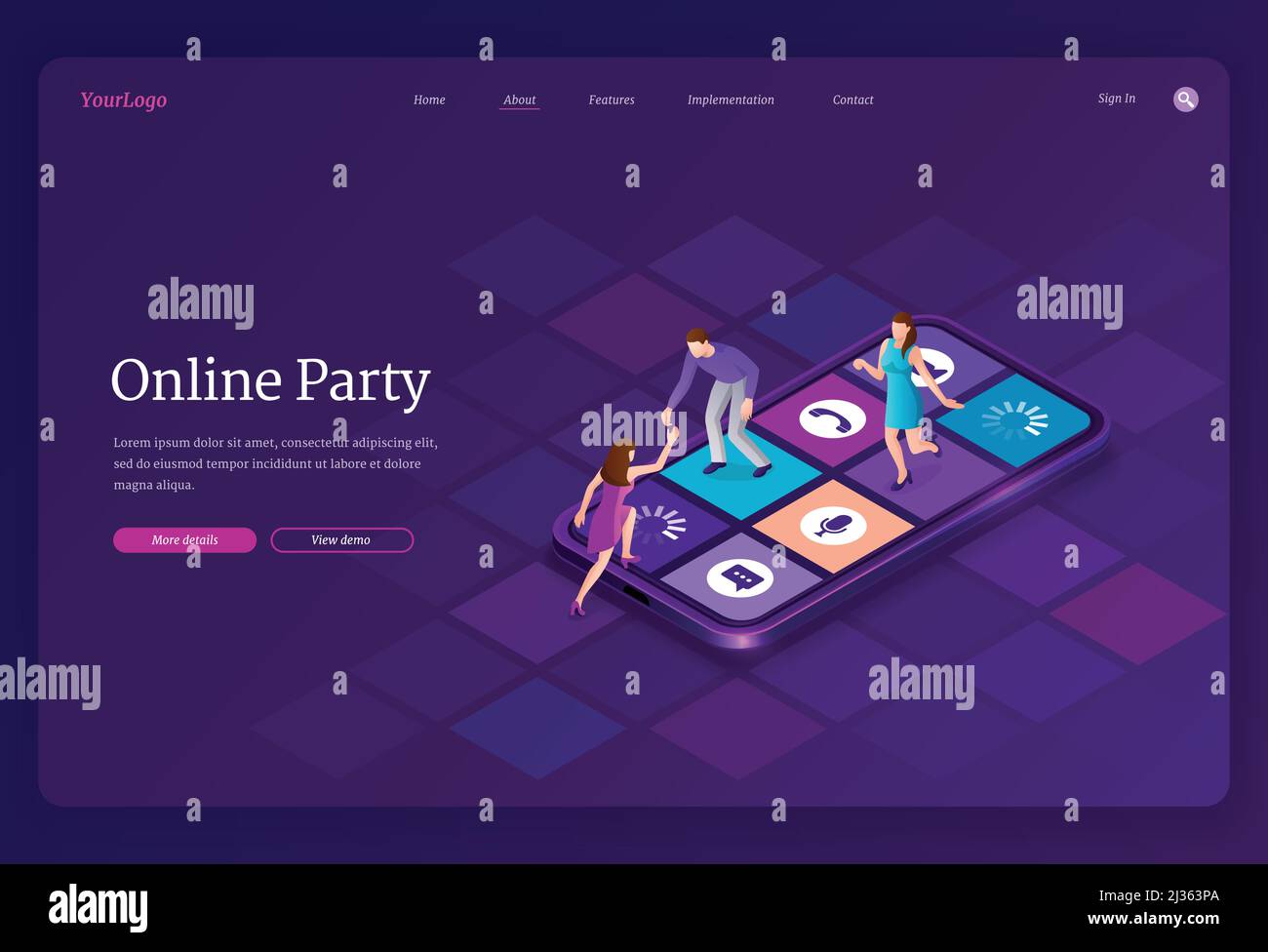 Online party isometric landing page, happy tiny people dance on huge ...