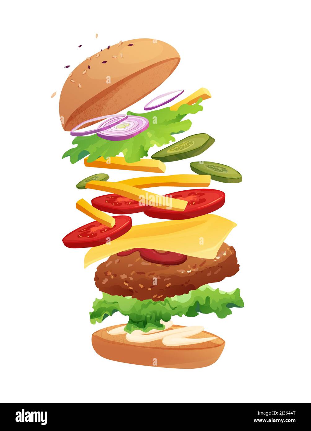 Delicious flying burger with chili, tomato, cheese, cucumber, meat ...