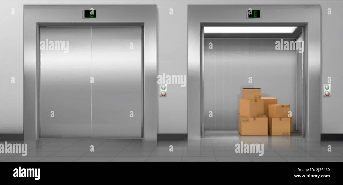 Cargo elevators with closed and open doors in hallway. Vector realistic ...