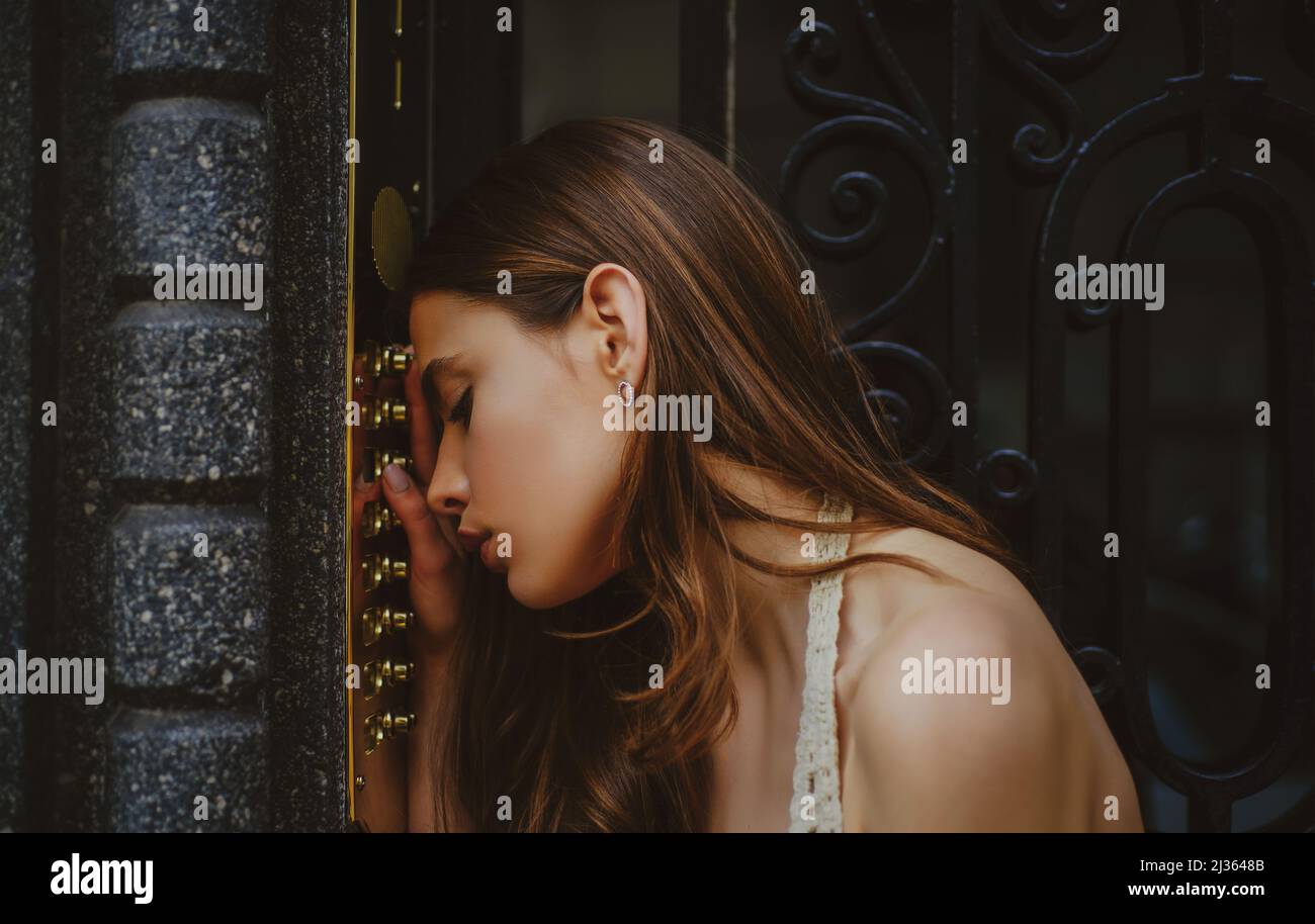 Sad pensive woman in depression. Self isolation. Home safety concept ...