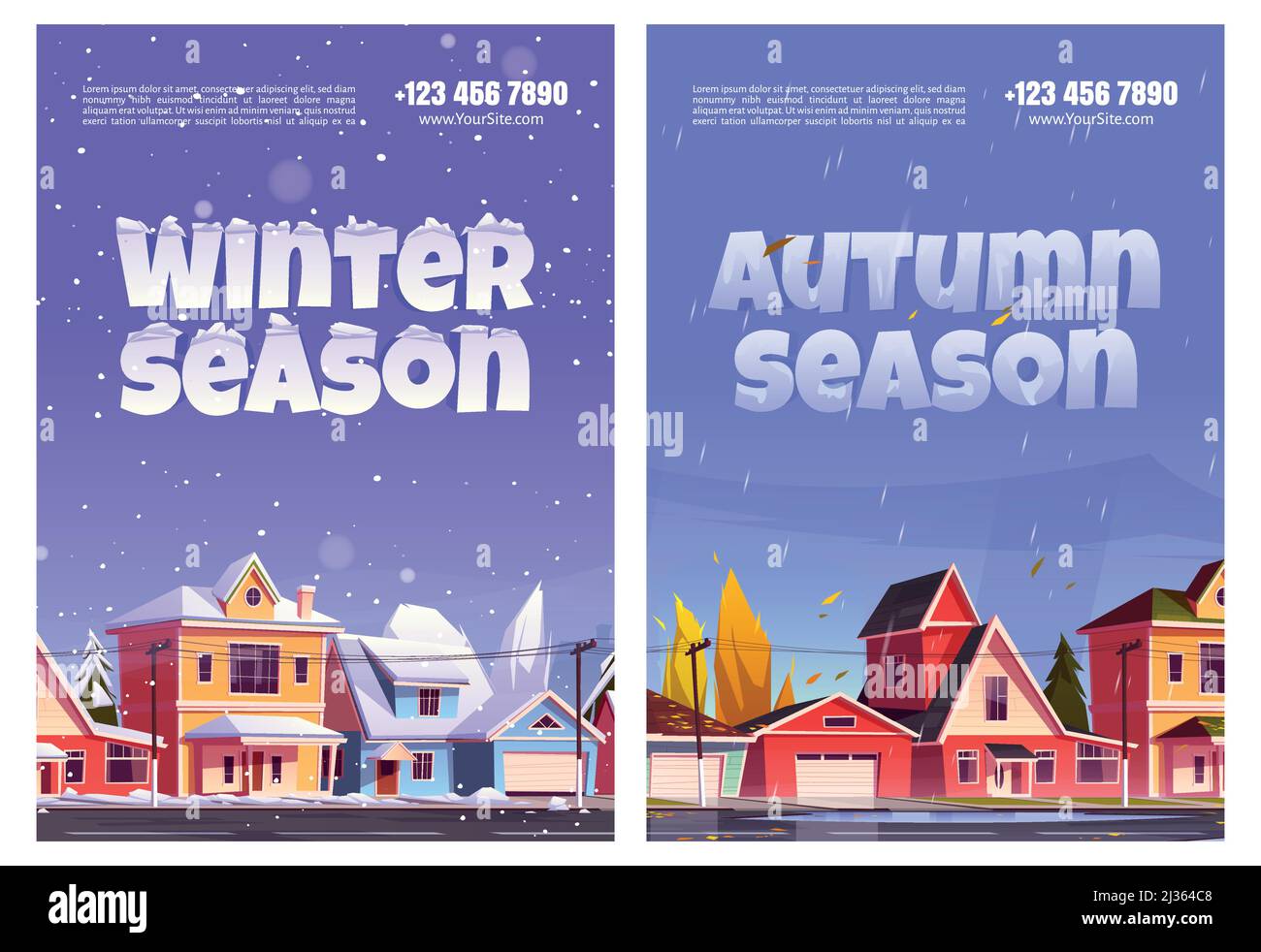 Autumn and winter seasons posters. Weather specifics in suburb district ...
