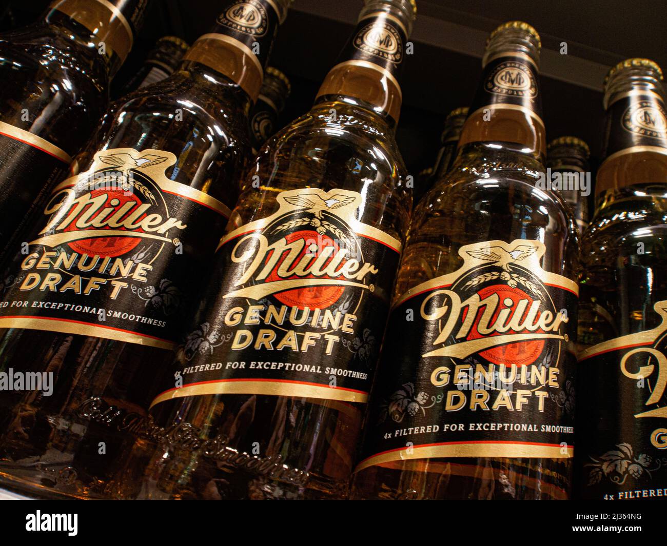 Moscow, Russia. 31st Mar, 2022. Miller brand beer on a supermarket ...