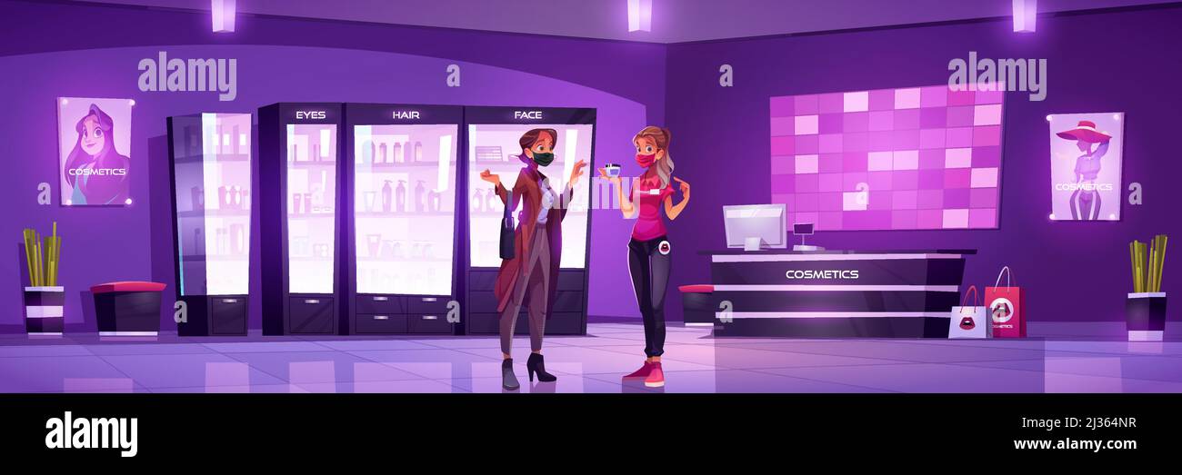 Cosmetic shop interior with woman and seller in medical face masks ...