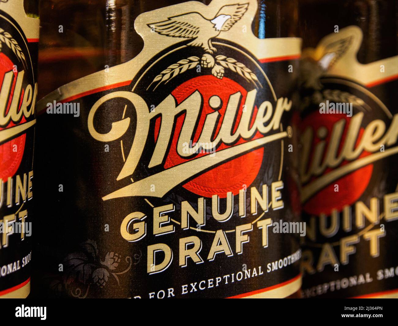 Moscow, Russia. 31st Mar, 2022. Miller brand beer on a supermarket ...