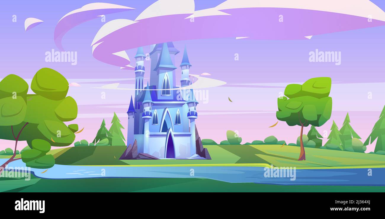 Magic blue castle on green meadow with trees and river. Vector cartoon ...