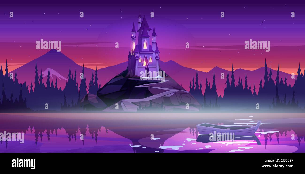 Magic castle on mountain top near river pier with boat on water surface ...