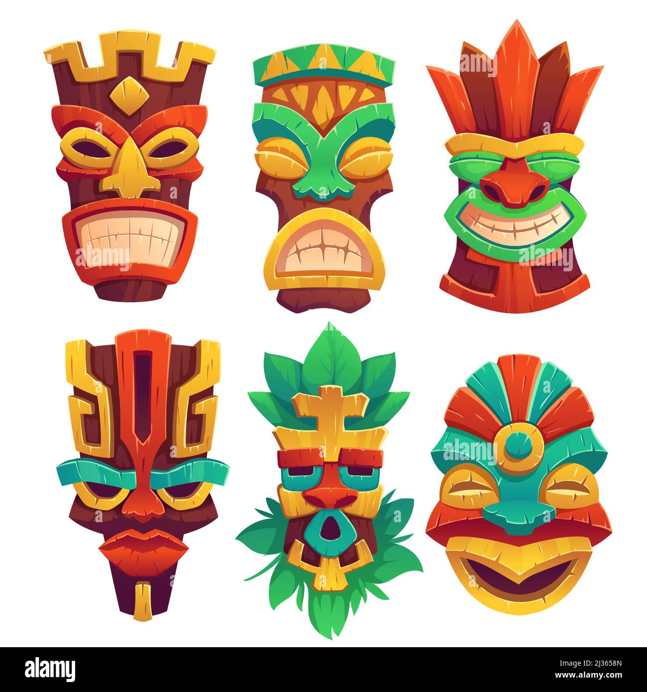Tiki masks, tribal wooden totems, hawaiian or polynesian style ...