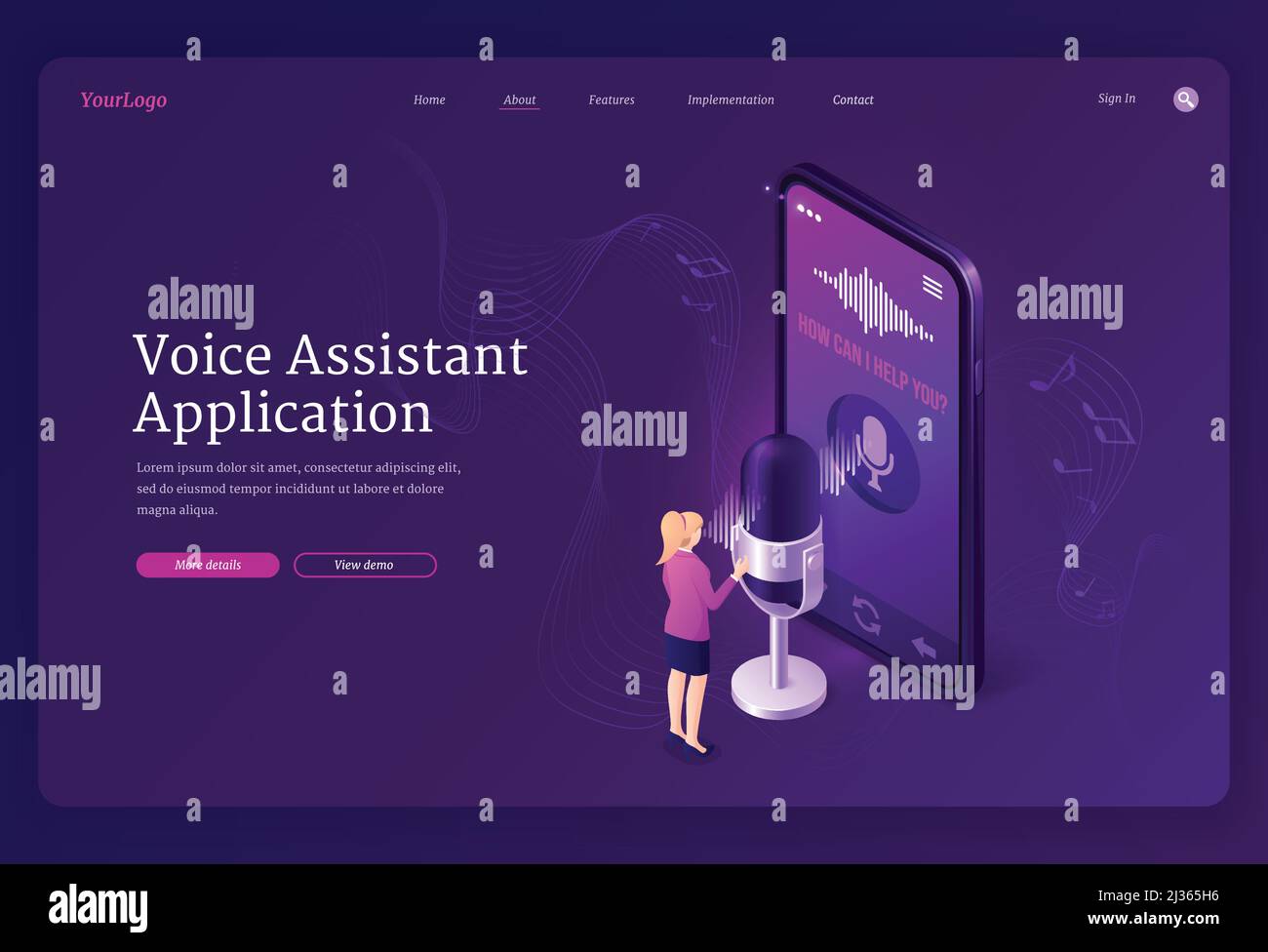 Voice assistant application isometric landing page. Speaker command ...