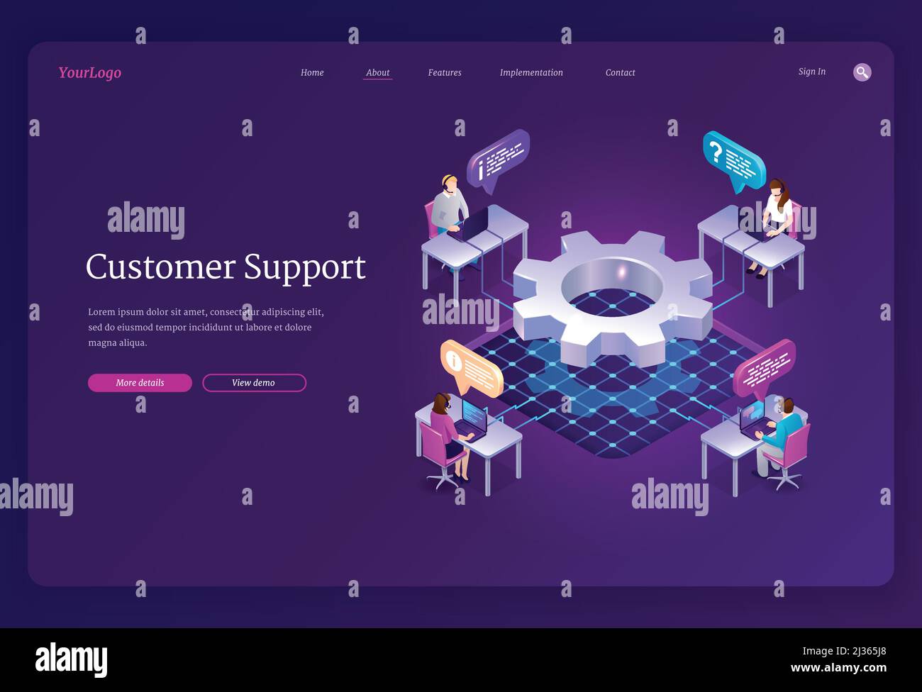 Customer support isometric landing page. Hotline operators help line ...