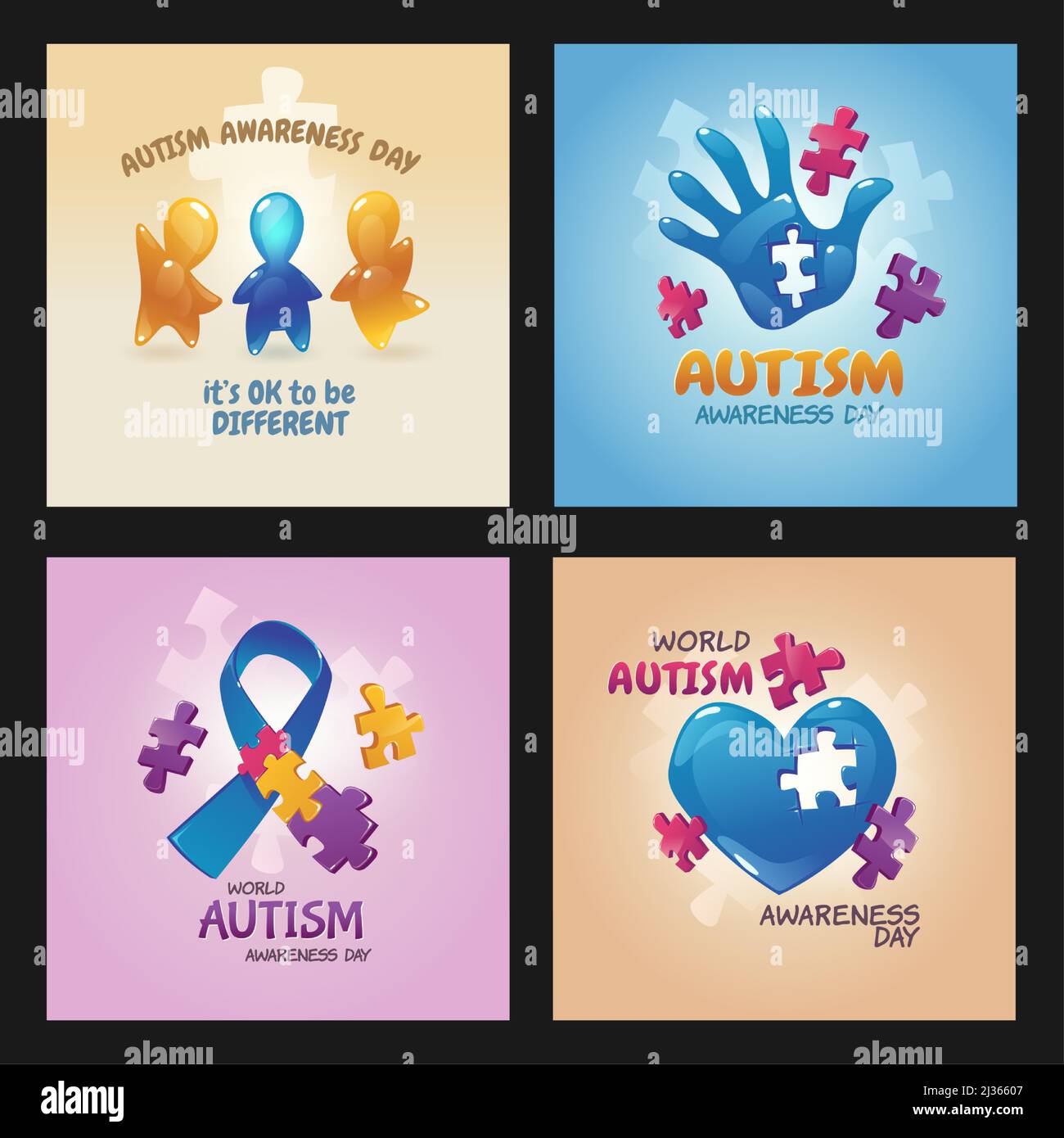 Autism world awareness day posters with puzzle pieces, open palm with ...