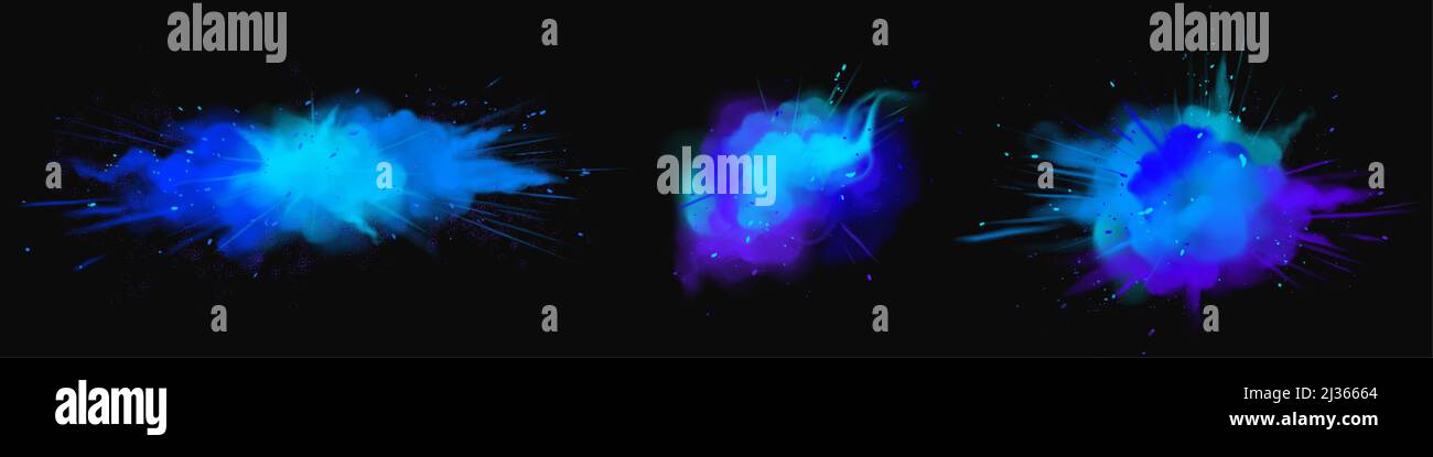 Explosions of blue powder, paint dust with particles. Vector realistic ...