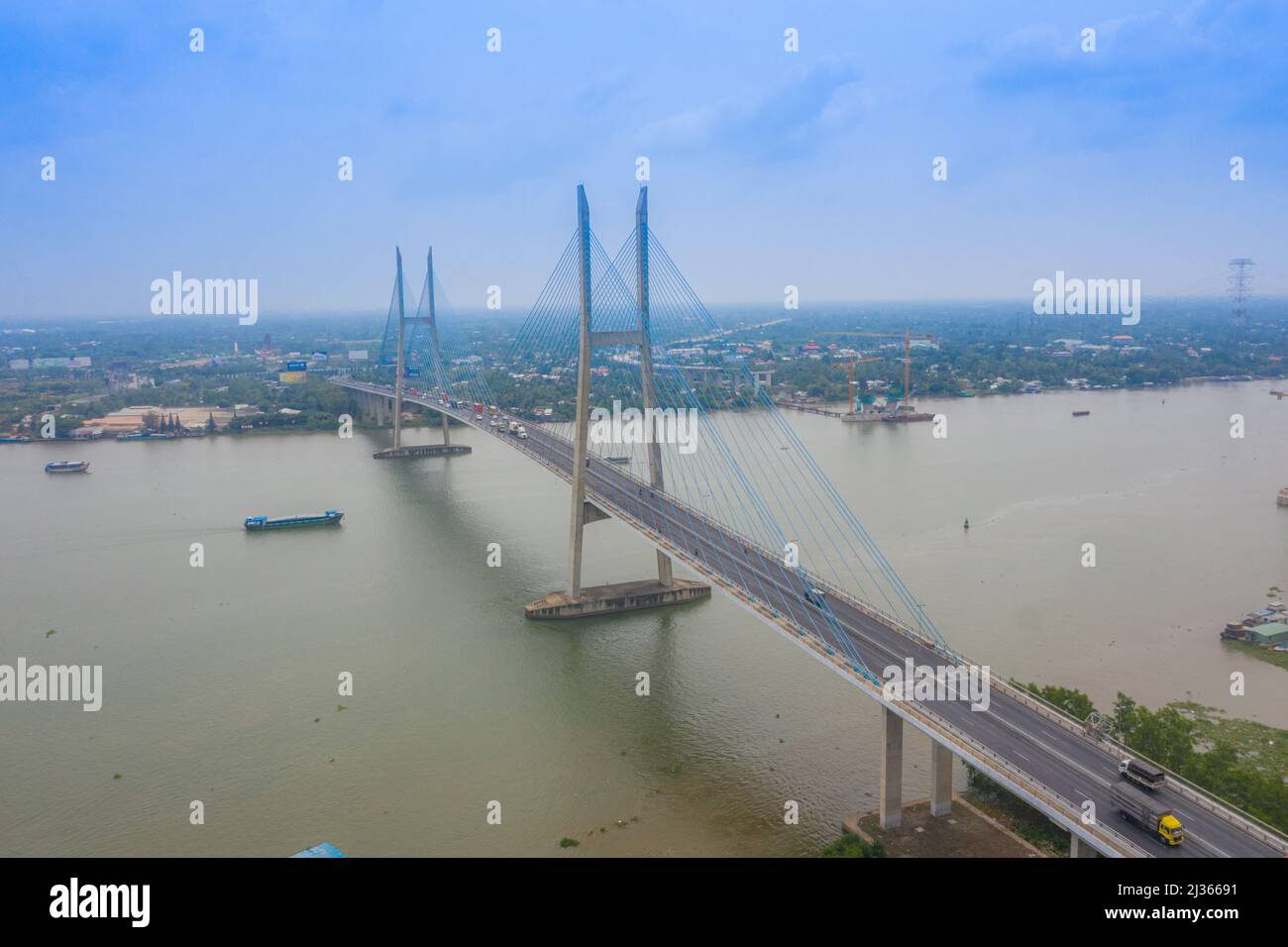 Aerial view of My Thuan bridge, cable-stayed bridge connecting the ...