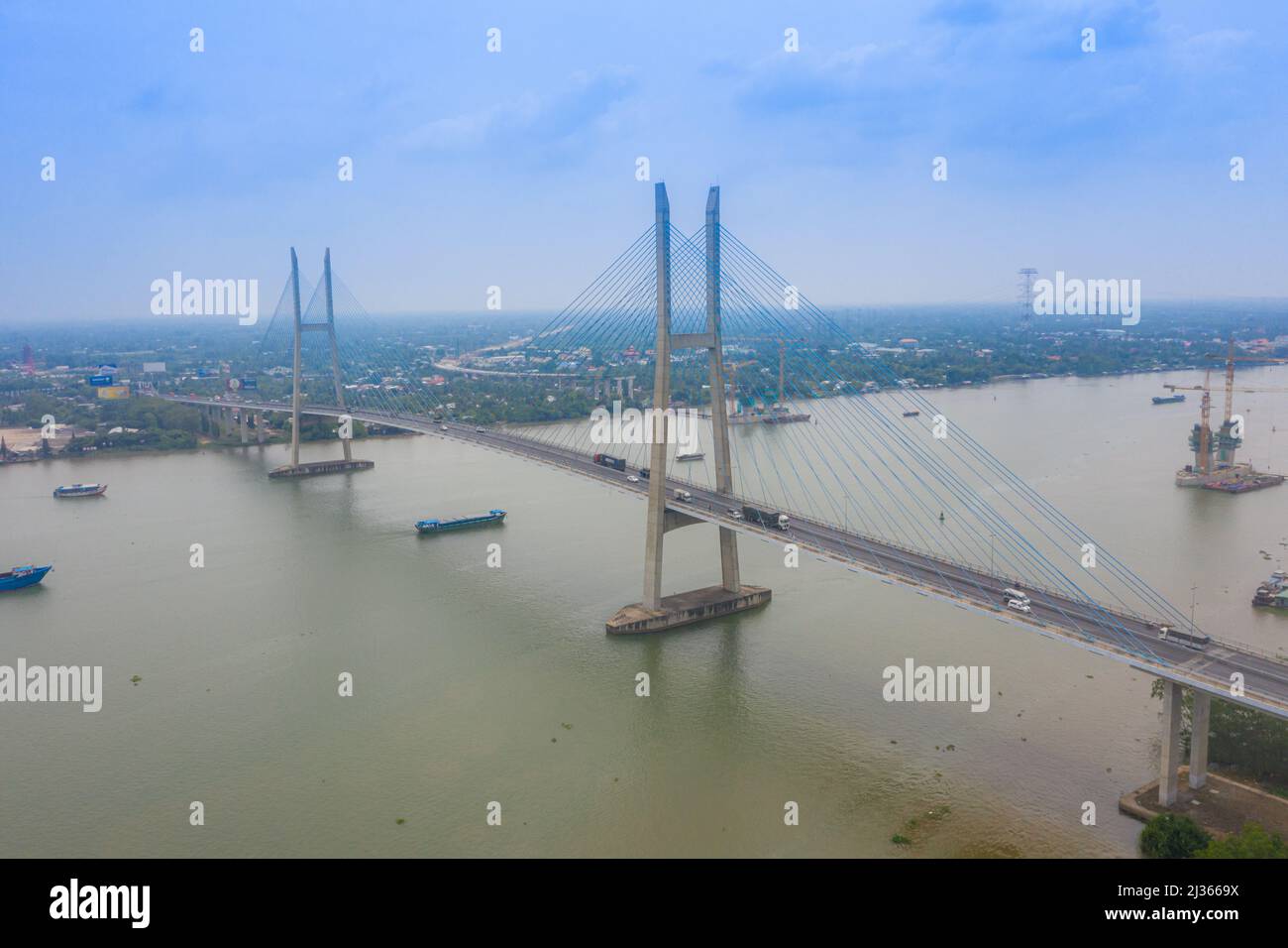 Aerial view of My Thuan bridge, cable-stayed bridge connecting the ...