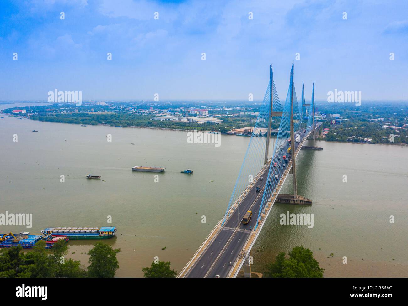 Aerial view of My Thuan bridge, cable-stayed bridge connecting the ...