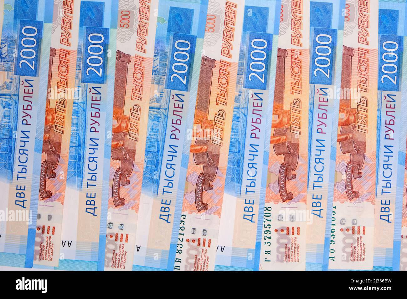Background, Russian rubles banknotes in denominations of two and five ...
