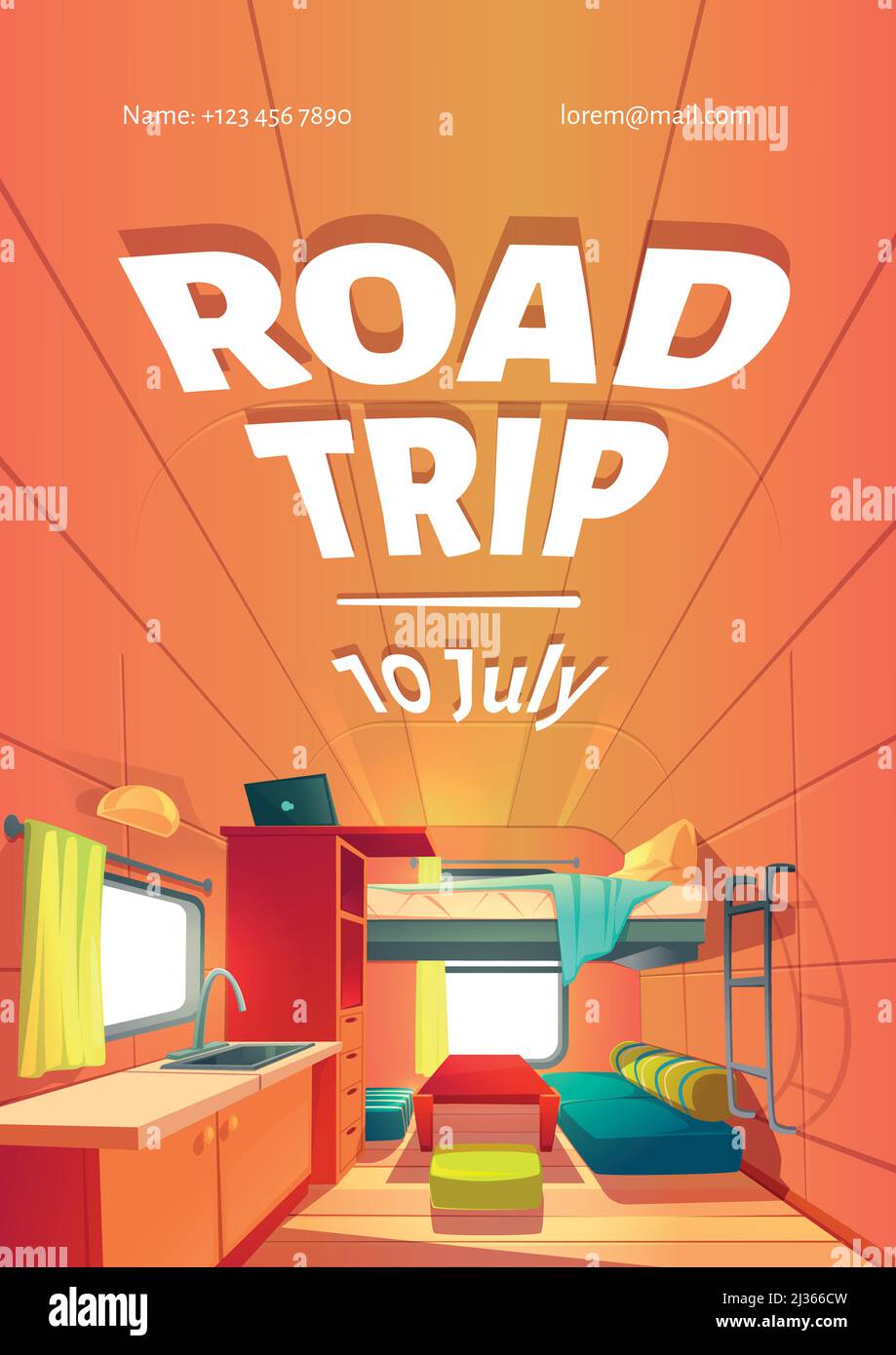 Road trip cartoon ad poster with camping trailer car interior, Rv motor ...