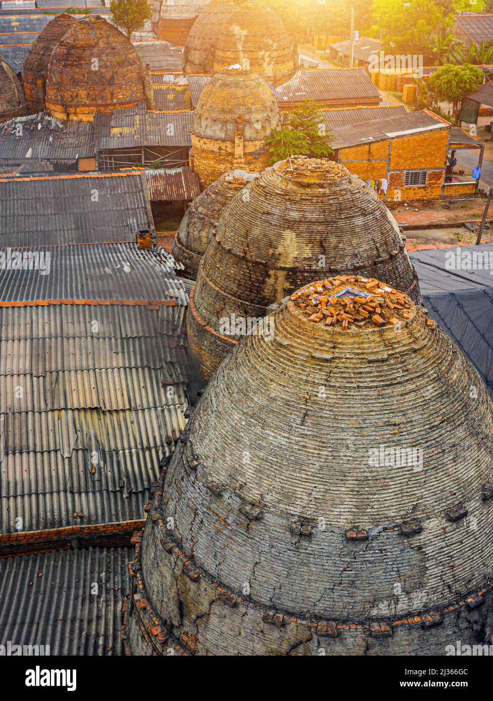 Aerial view of Mang Thit brick kiln in Vinh Long. Burnt clay bricks ...