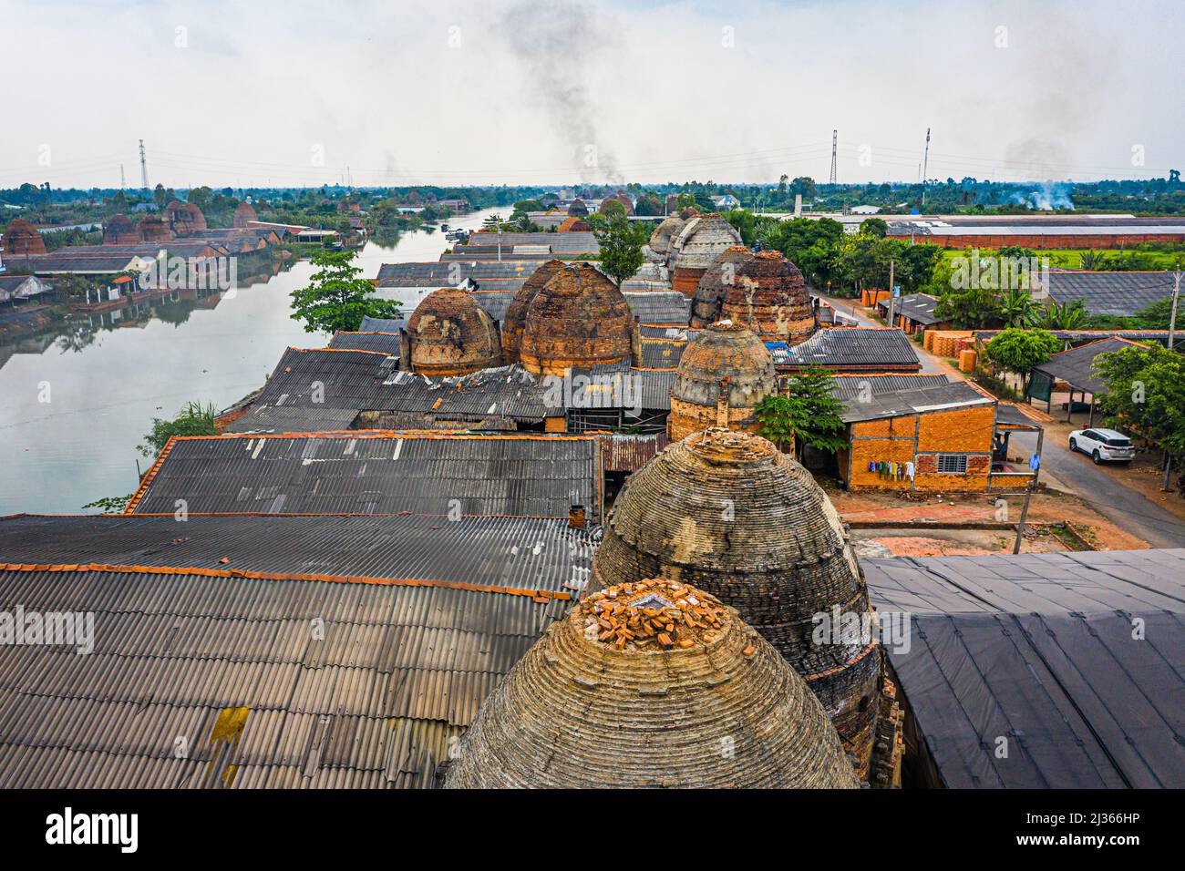 Aerial view of Mang Thit brick kiln in Vinh Long. Burnt clay bricks ...