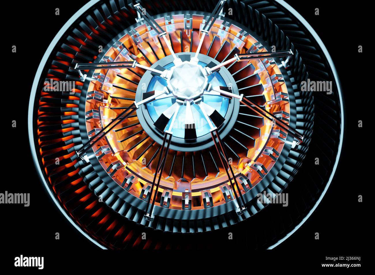 3D rendering future engine rocket turbine technology under blue and ...
