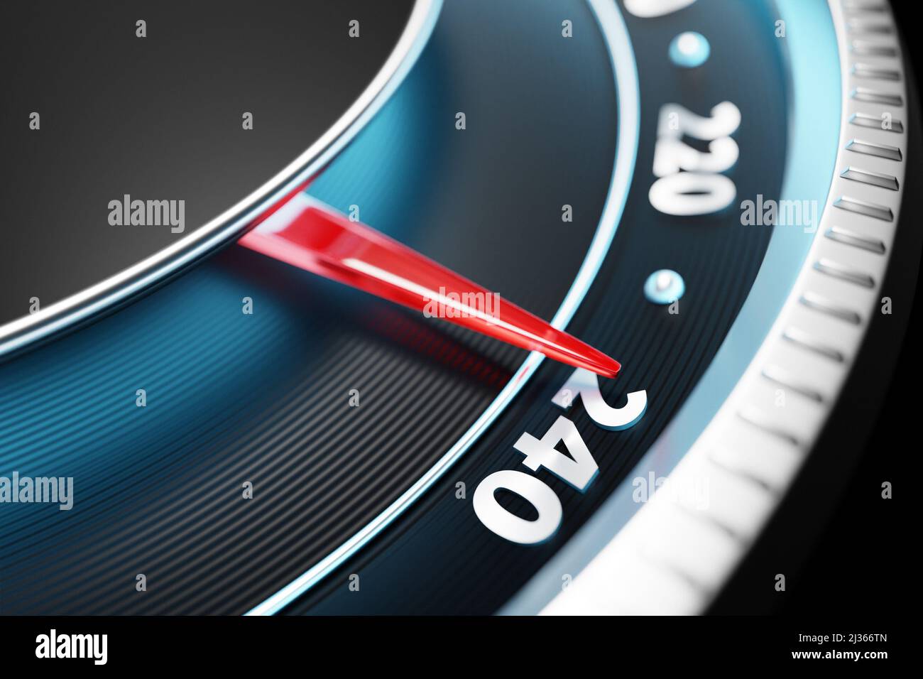 3D illustration close up black car panel, digital bright speedometer in ...
