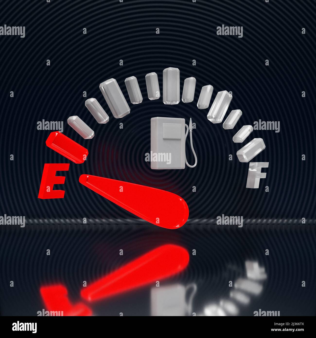 3D illustration close-up of a petrol level icon in a car indicating no ...