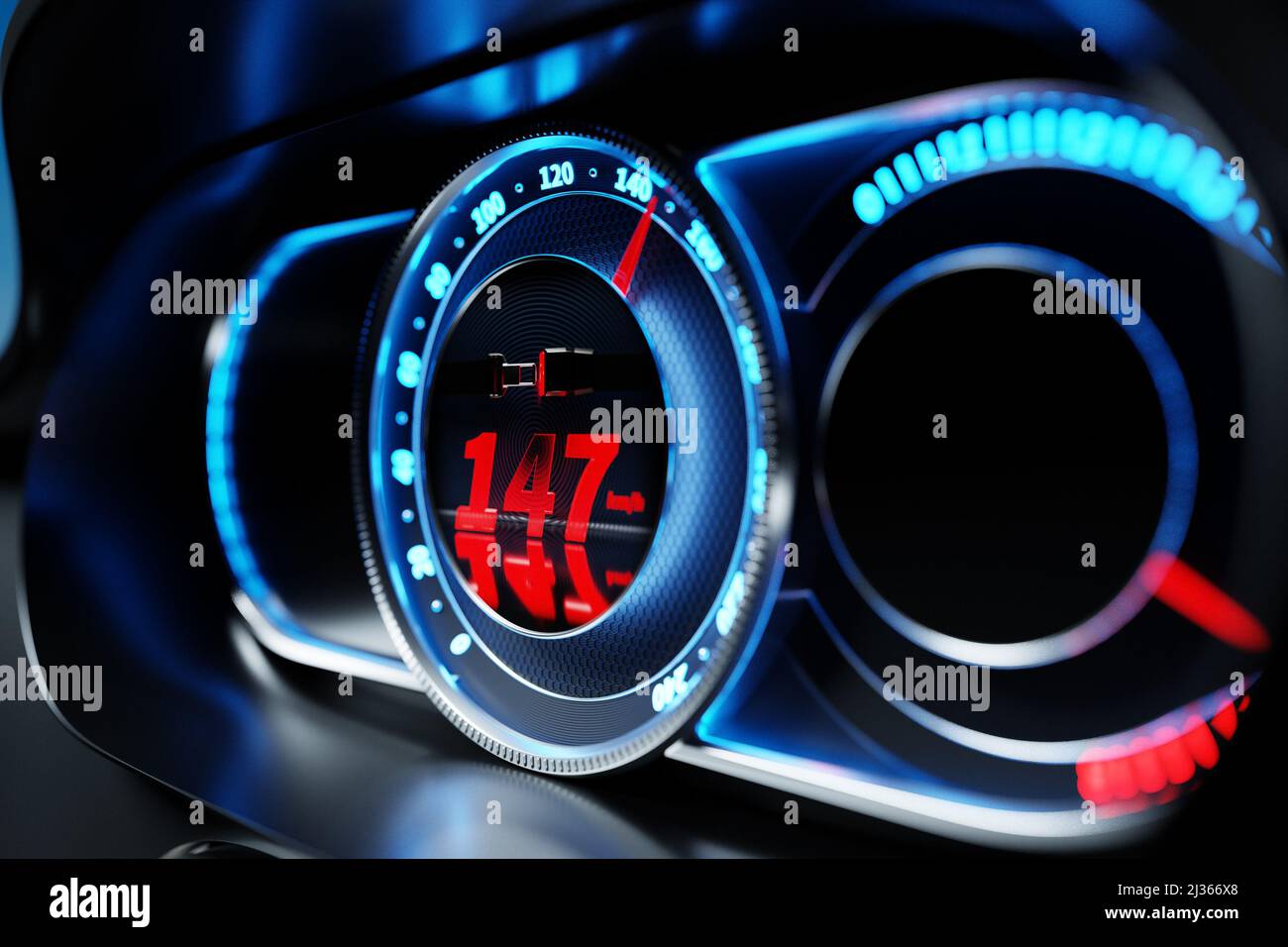 3D illustration of the new car interior details. Speedometer shows a ...