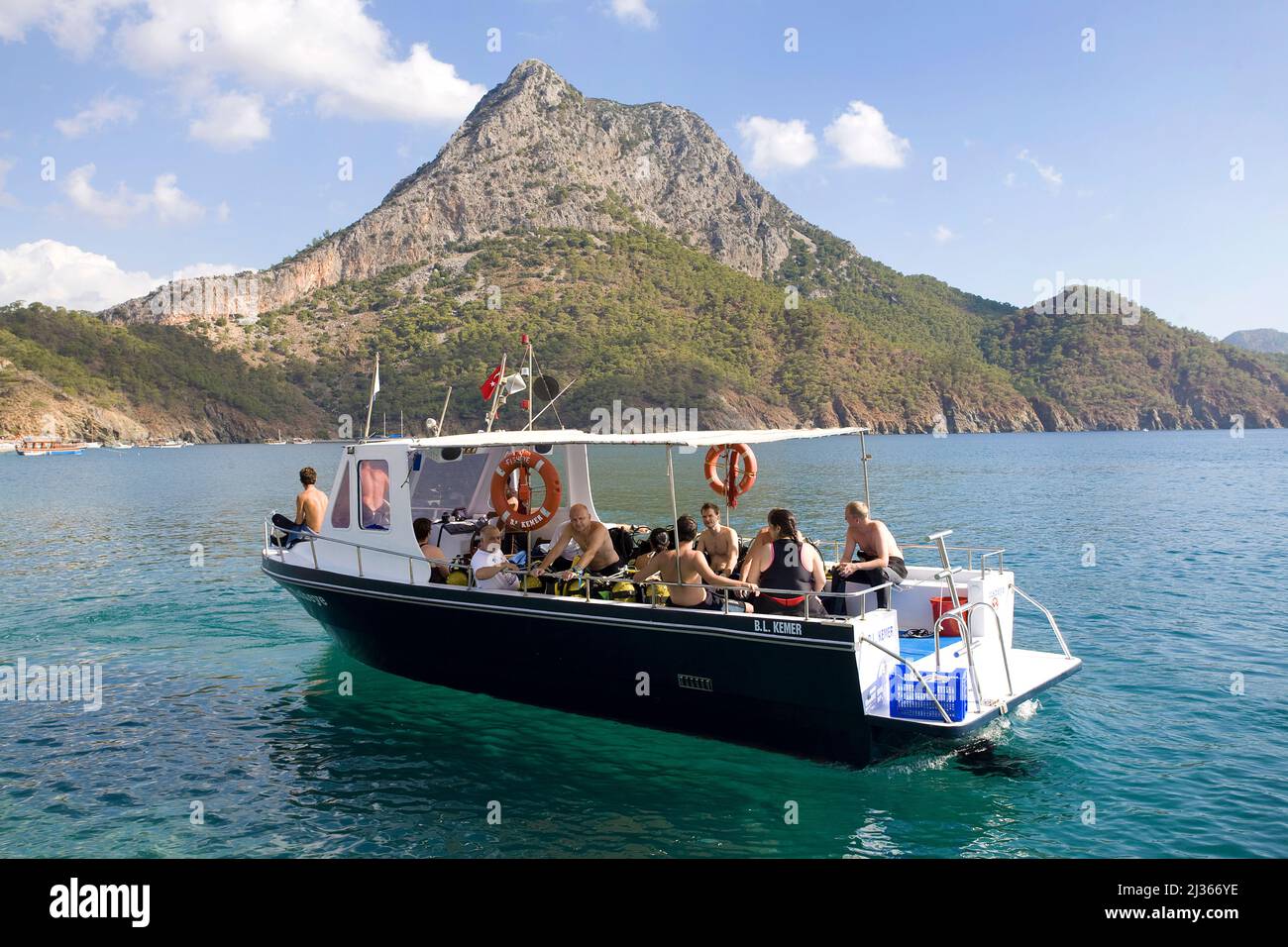 Dive boat in the bay of Adrasan, Lykia, Turkey, Mediteranean sea Stock ...