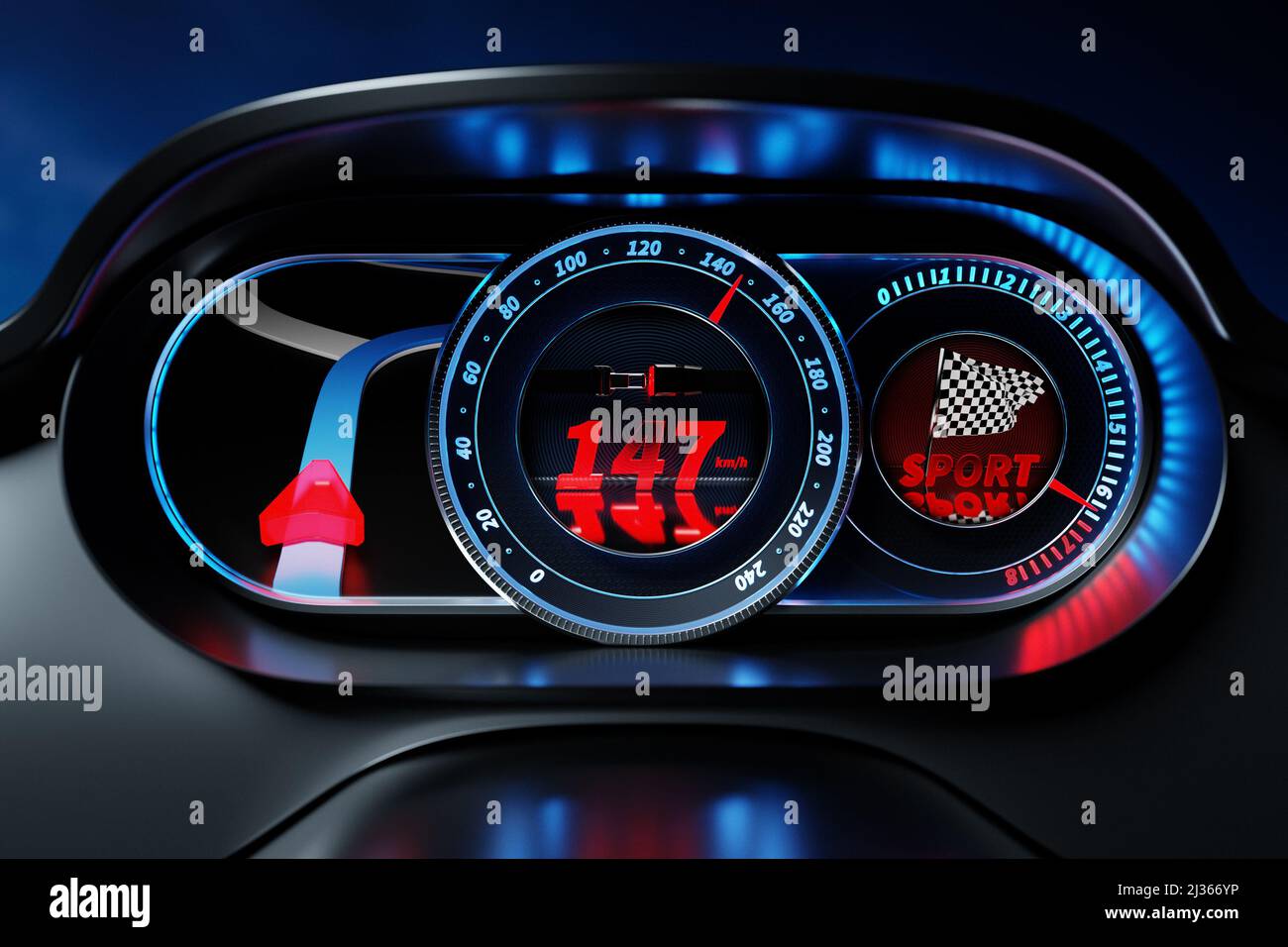 3D illustration of new car interior details. The speedometer shows the ...