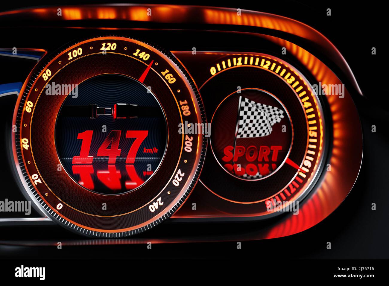 3D illustration of the new car interior details. Speedometer shows a ...