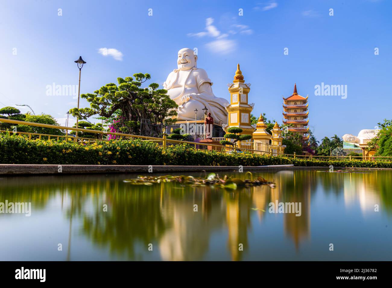Beautiful day in Vinh Trang Pagoda in My Tho city, the Mekong Delta, Vietnam. Travel and ...